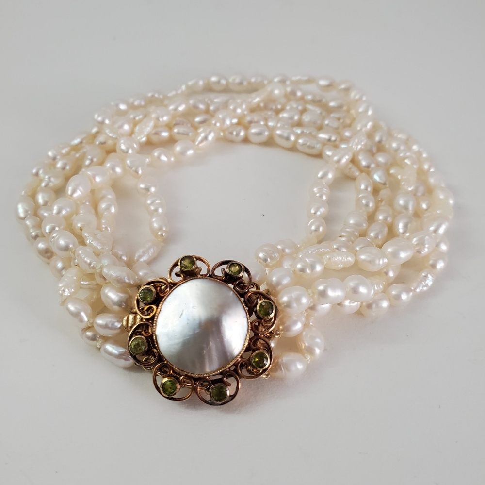 14k Gold Pearl Victorian Charm Clasp Bracelet - Gem